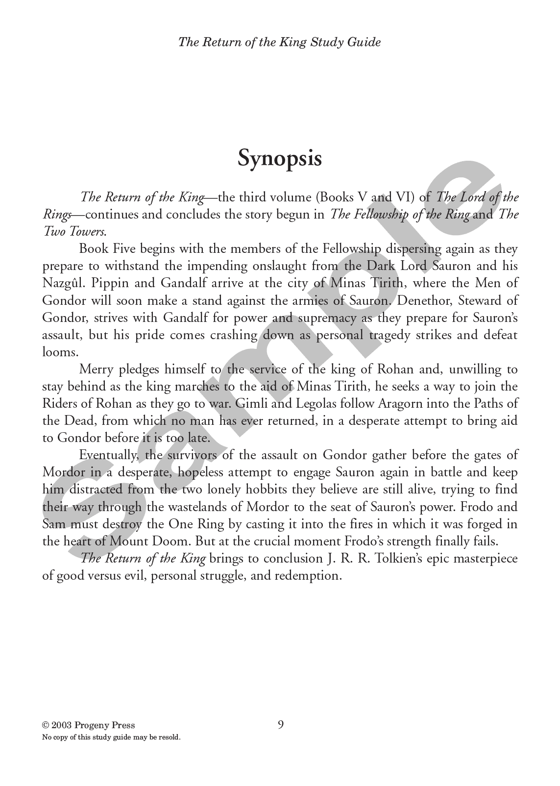 The Return of the King Study Guide | Progeny Press Literature Curriculum