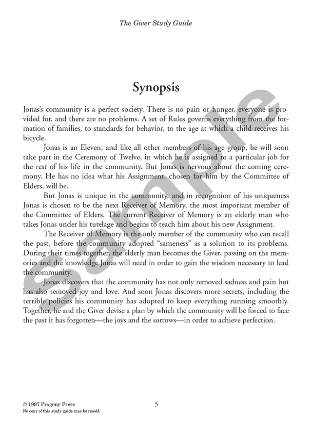 The Giver Study Guide | Progeny Press Literature Curriculum The Giver Study Guide | Progeny Press Literature Curriculum