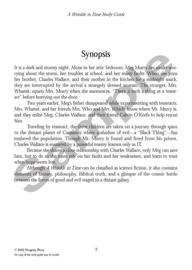 A Wrinkle in Time PDF Download Study Guide | Progeny Press Literature ...