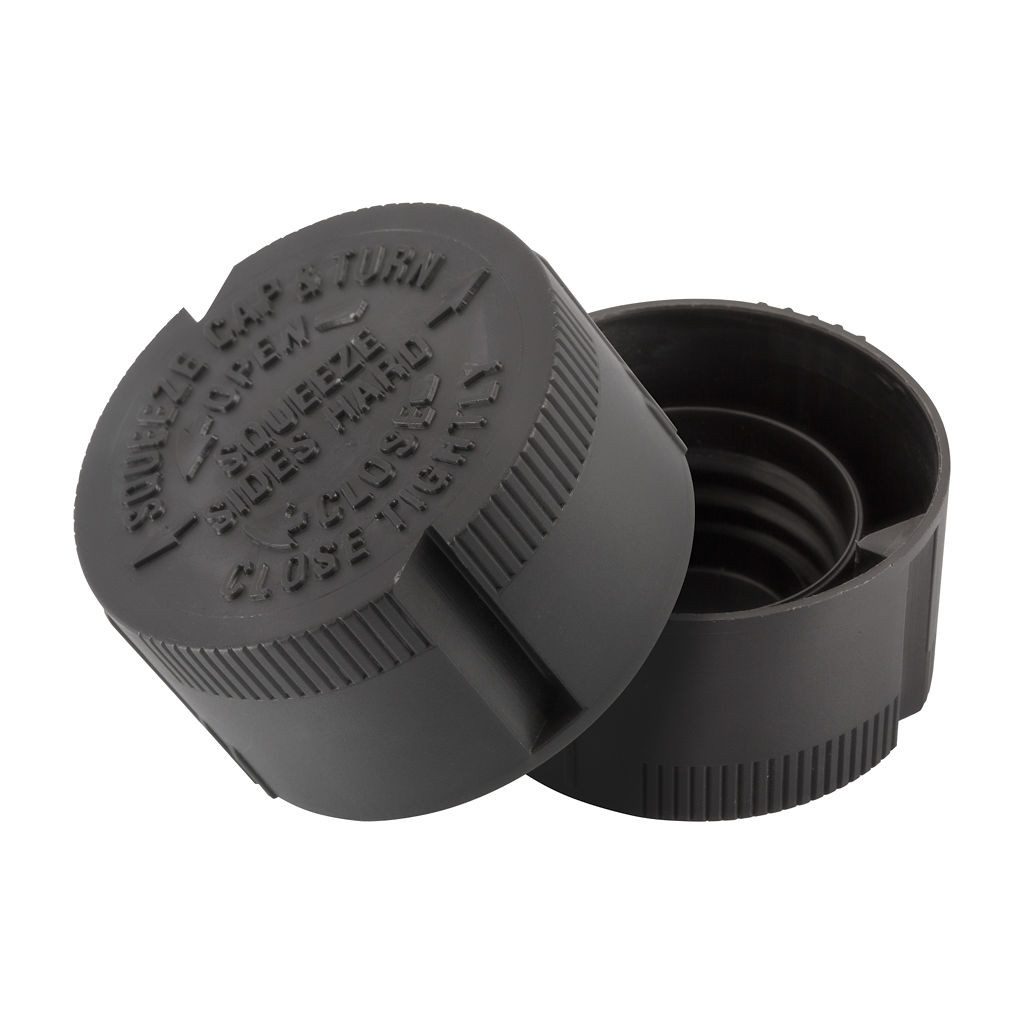 28mm Black Plastic Squeeze & Turn Lock Cap - Plasdene Glass-Pak Pty Ltd