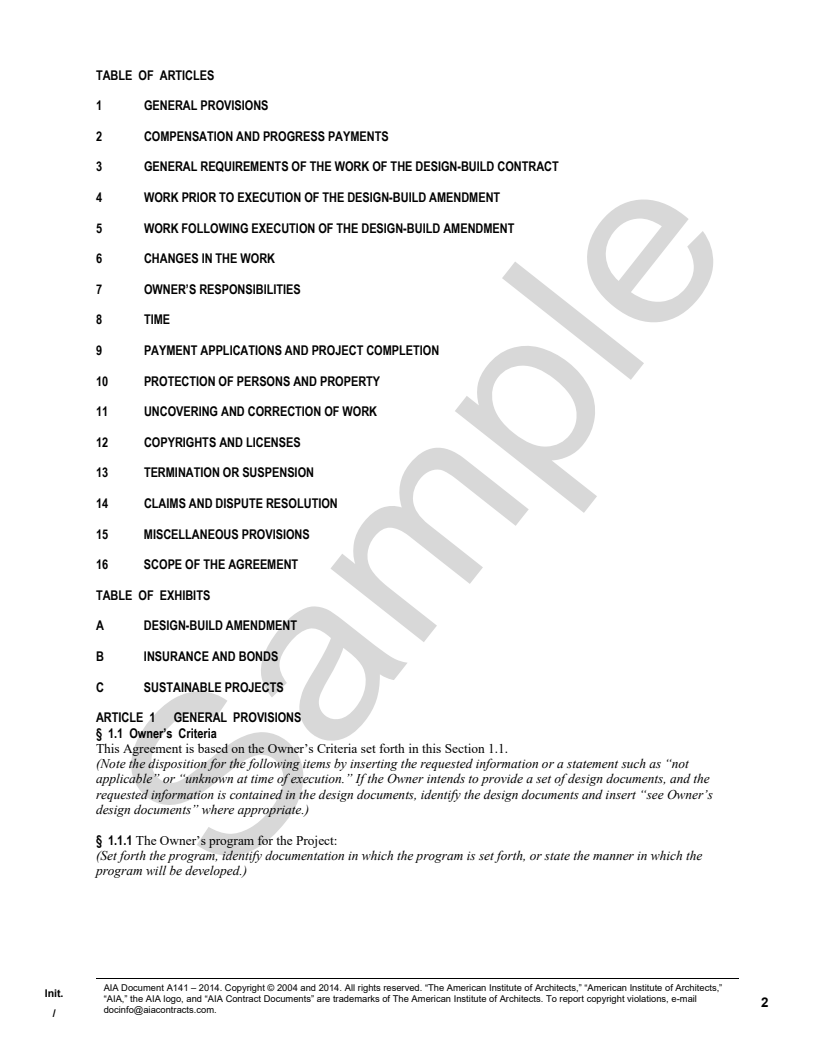 A141: Owner-Design-Builder Agreement - 2014 Legacy Edition | AIA ...