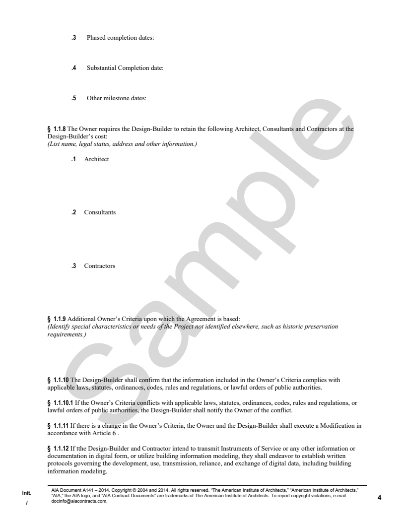 A141: Owner-Design-Builder Agreement - 2014 Legacy Edition | AIA ...