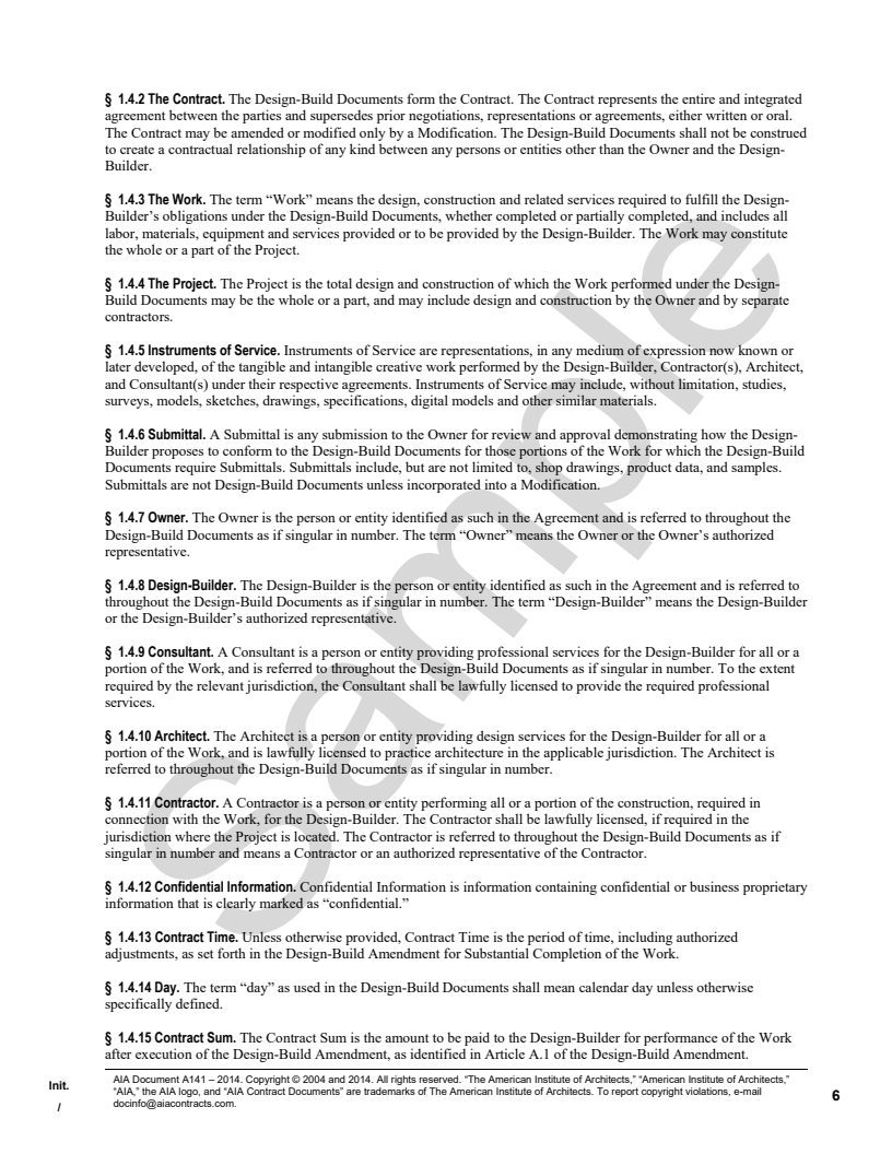 A141: Owner-Design-Builder Agreement - 2014 Legacy Edition | AIA ...