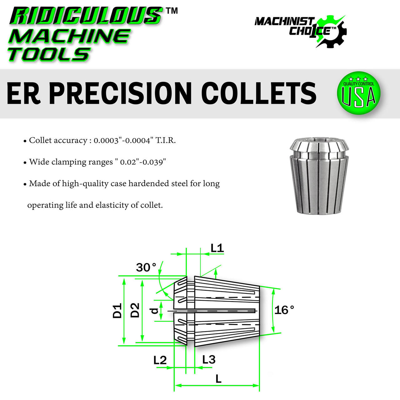 ER 16 High Precision Spring Collets Metric (0.0003) T.I.R.Machinist Choice