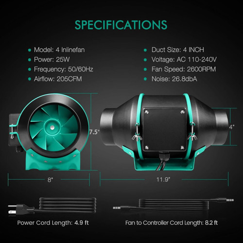 Mars Hydro 4 Inline Duct Fan and Carbon Filter Combo with Speed Controller