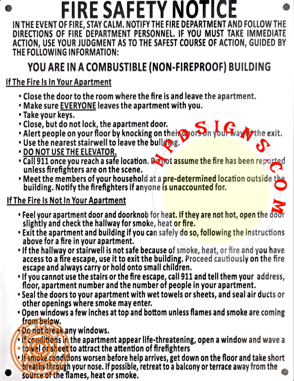 Lobby Fire Safety Notice – Non-Fireproof Building | FDNY & HPD Required ...