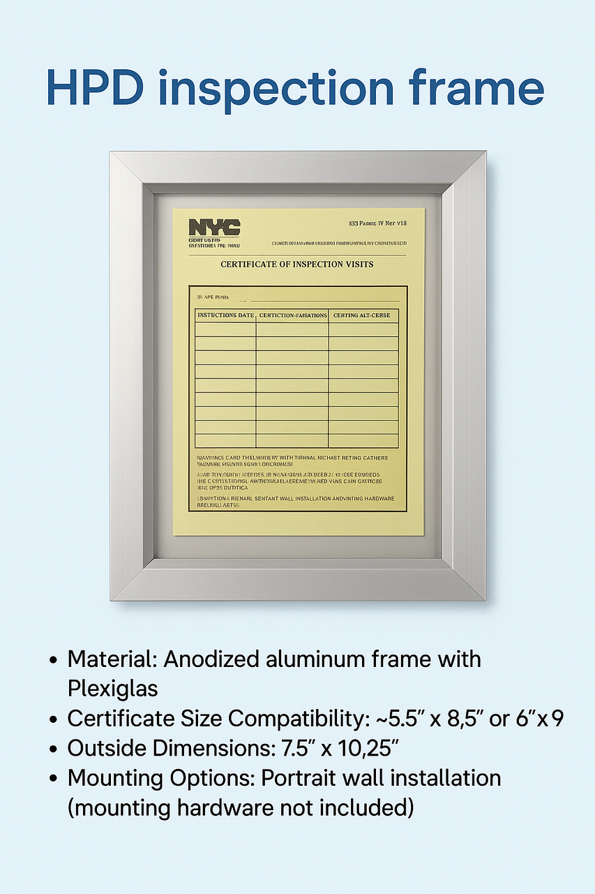 NYC HPD Inspection Certificate Frame 6 x 9 (Heavy Duty - Aluminum, MDL ...