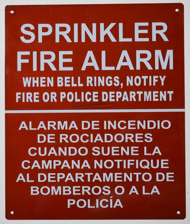 Sprinkler FIRE Alarm When Bell Rings NOTIFY Bilingual Sign with English ...