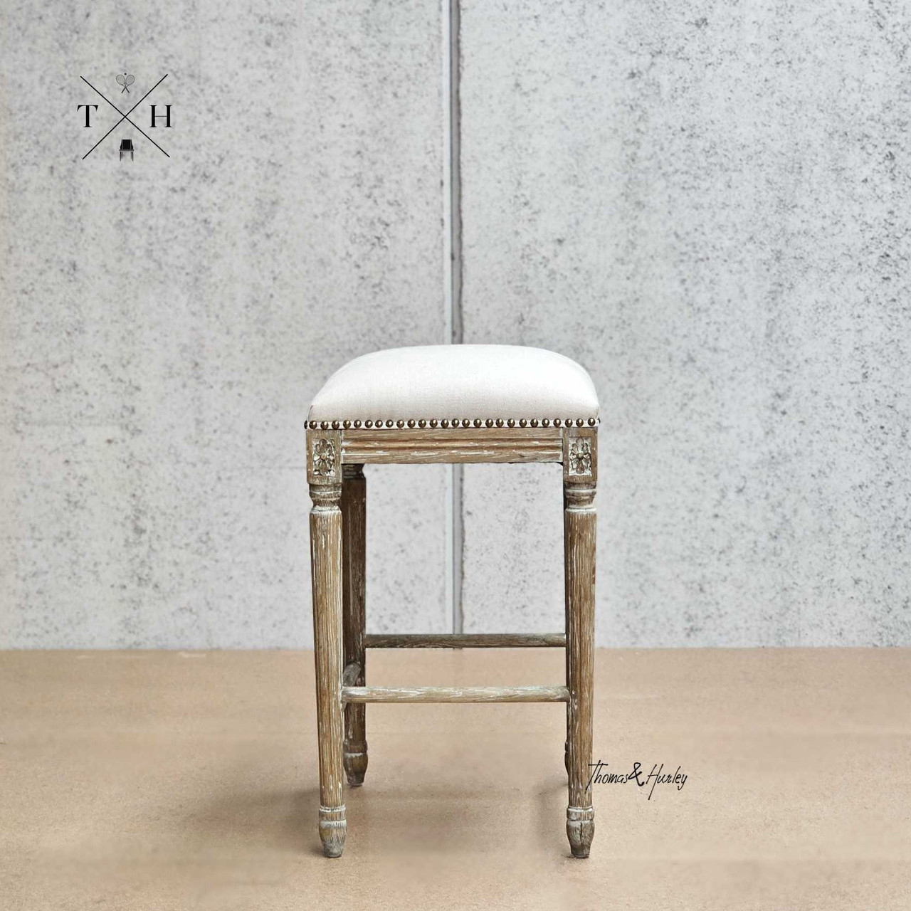 Chamonix Kitchen Stool: Elegant Cream Linen Bar Stool with Oak Frame