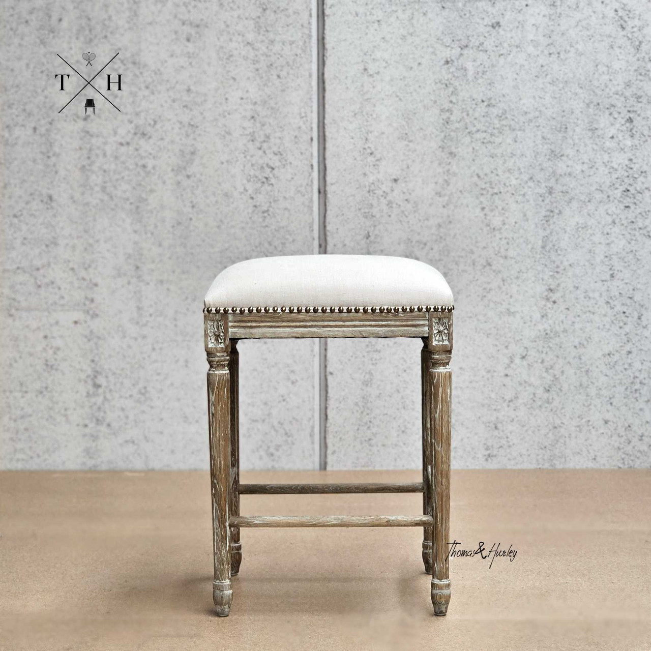 Chamonix Kitchen Stool: Elegant Cream Linen Bar Stool with Oak Frame