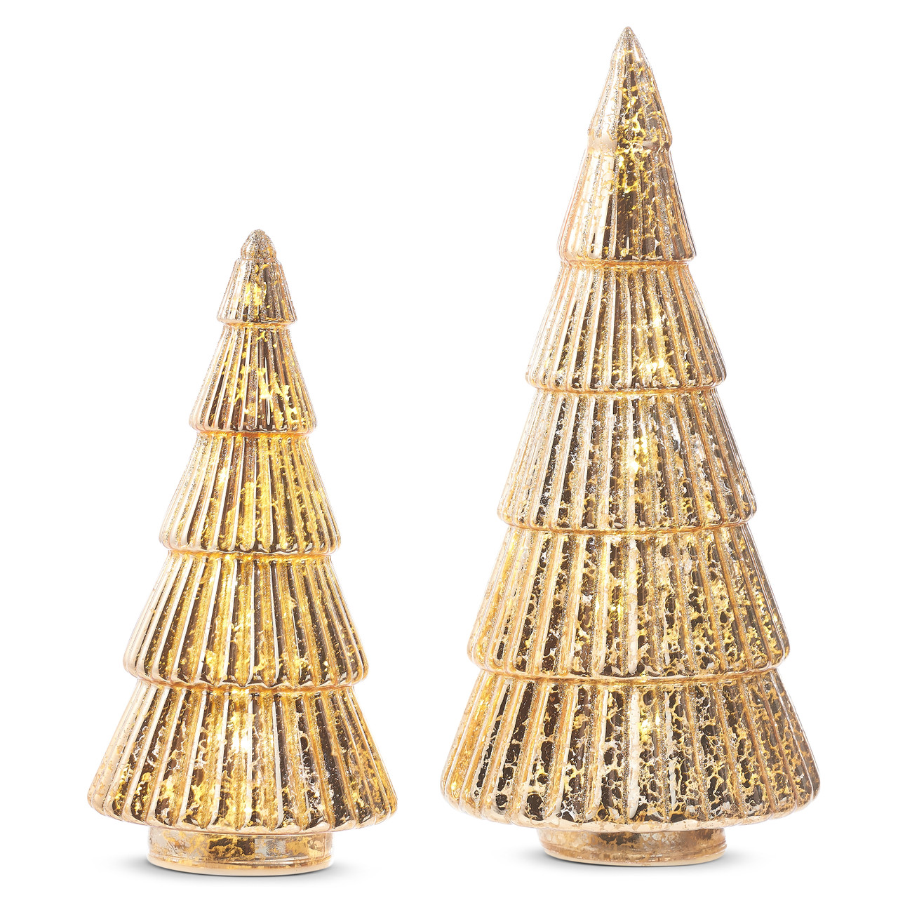 Raz 11.5" Lighted Gold Glass Ribbed Christmas Tree Figure Set of 2 ...