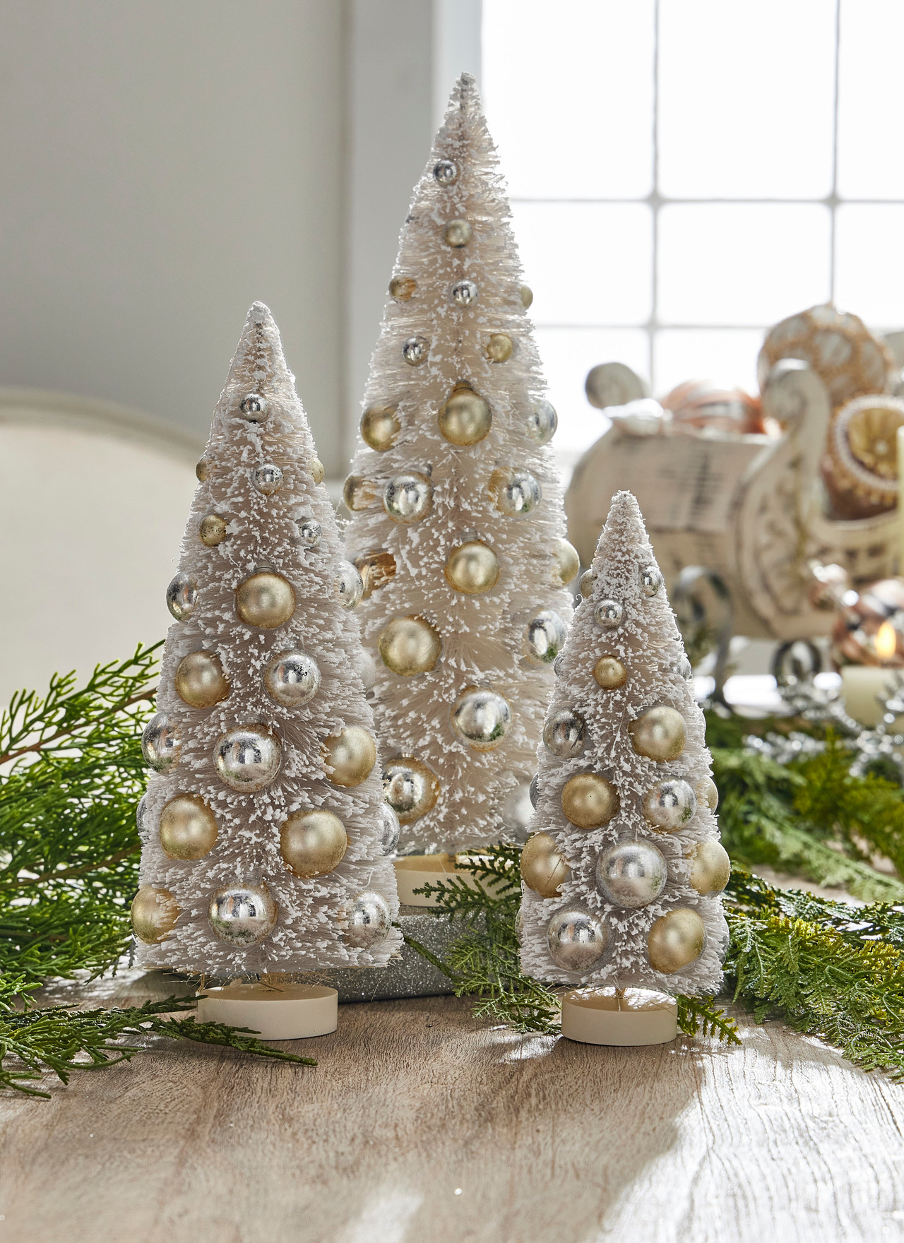 Raz 15" Ivory Snowy Bottle Brush Trees with Ornaments Christmas ...