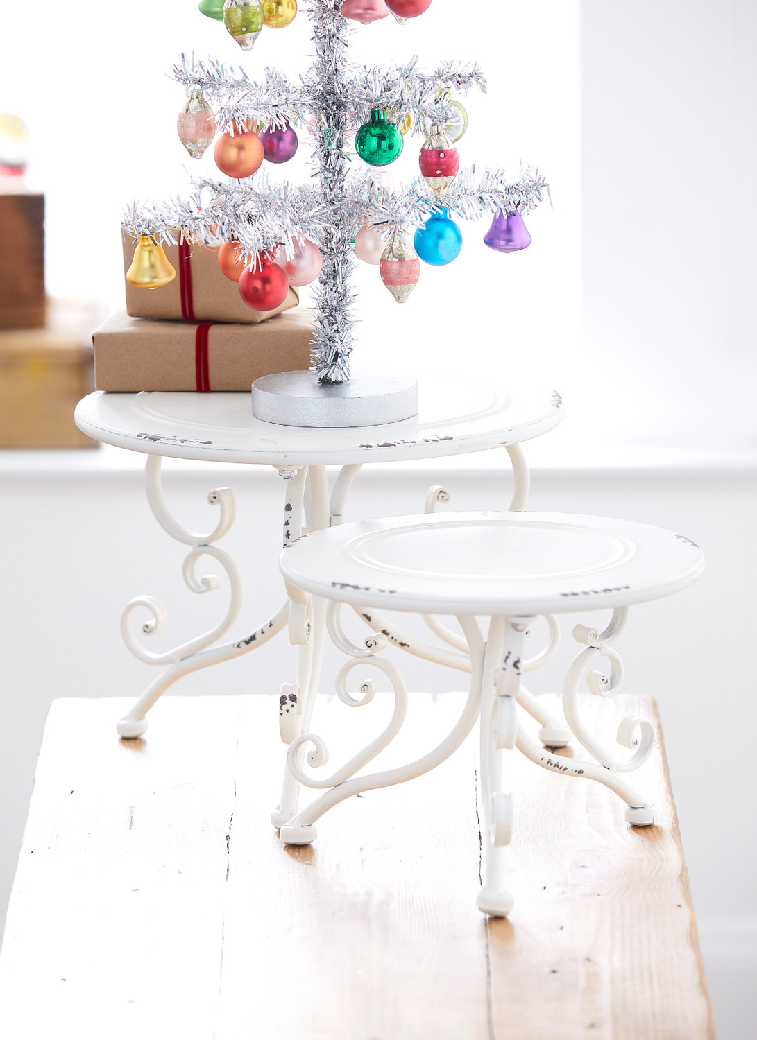Raz Set of 2 White Distressed Metal Risers Stand | Raz Imports | Raz ...