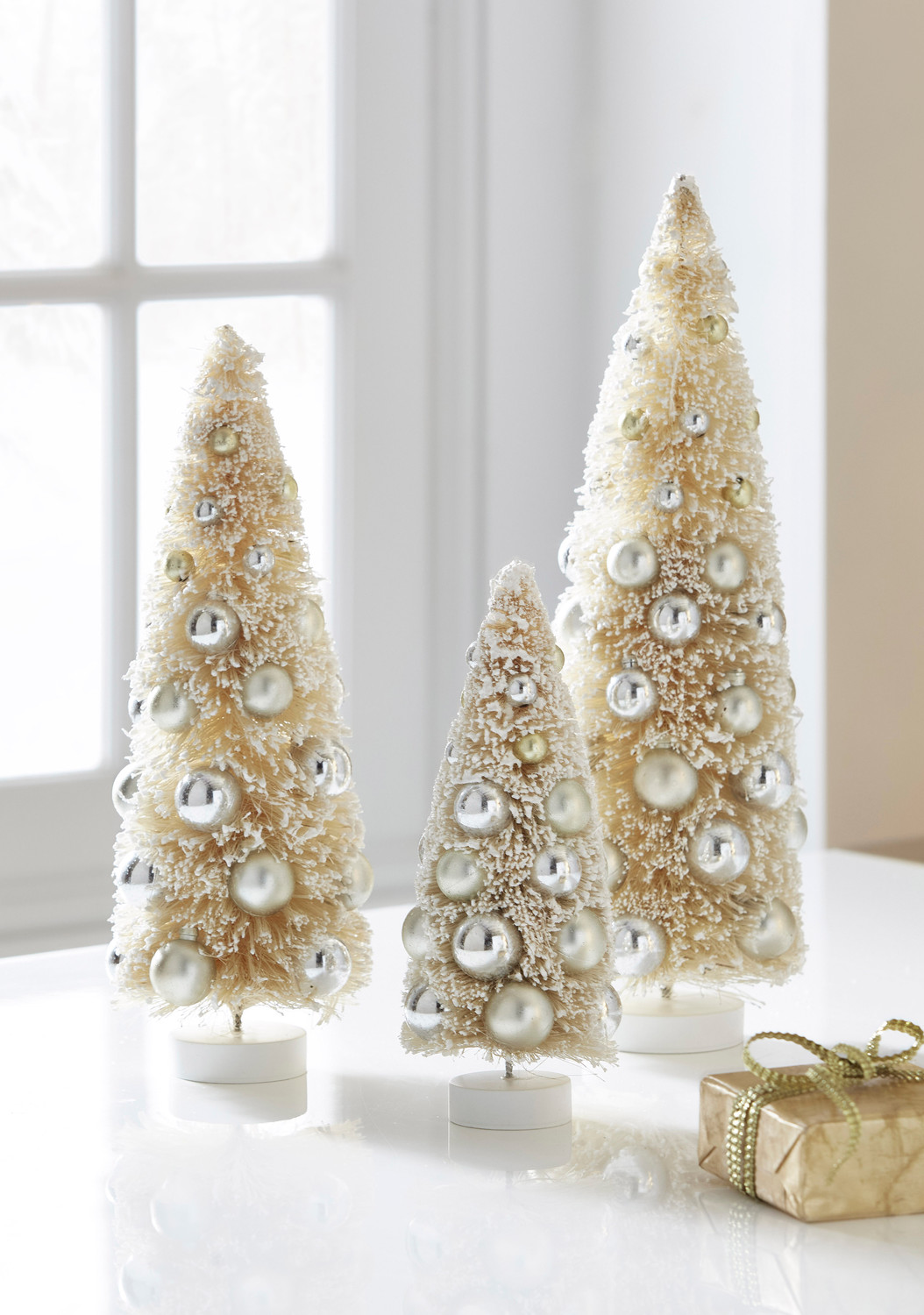 Raz 15" Ivory Snowy Bottle Brush Trees with Ornaments Christmas ...