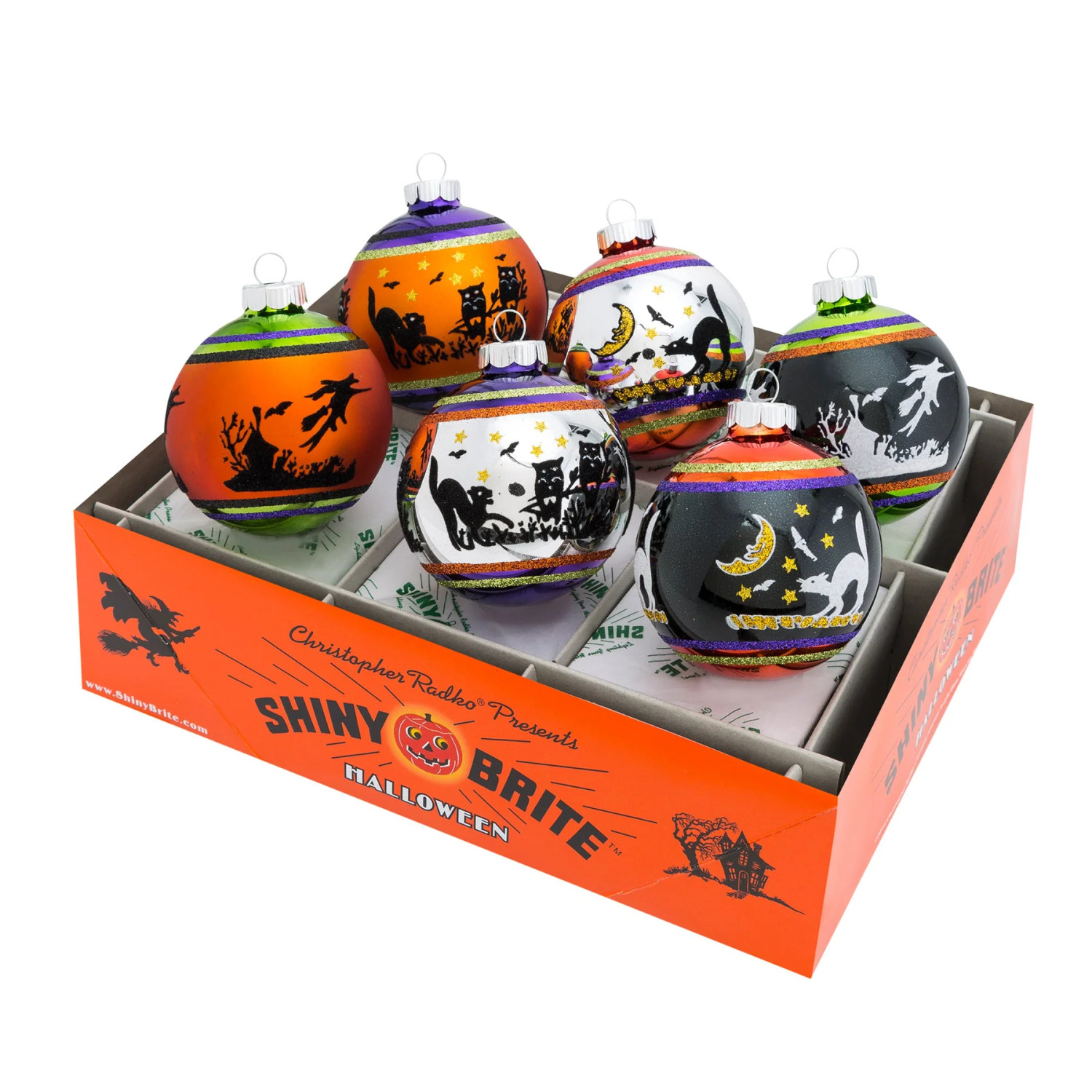 Shiny Brite Halloween 3.25" Signature Flocked Round Halloween Glass ...