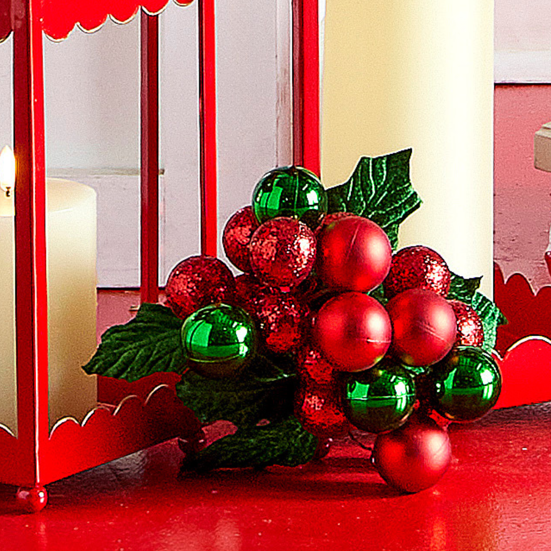 Raz 10" Ball Ornament Cluster Holly Pick Christmas Tree Spray | Raz ...