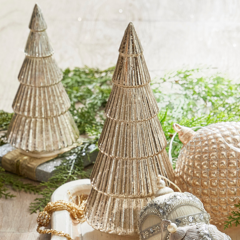 Raz 11.5" Lighted Gold Glass Ribbed Christmas Tree Figure Set of 2 ...