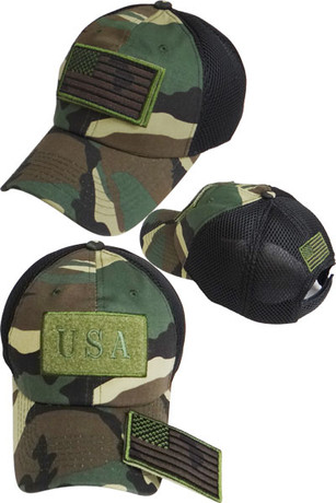 USA Flag Patch Cap - Soft Jersey Air Mesh - Woodland Camo/Black ...