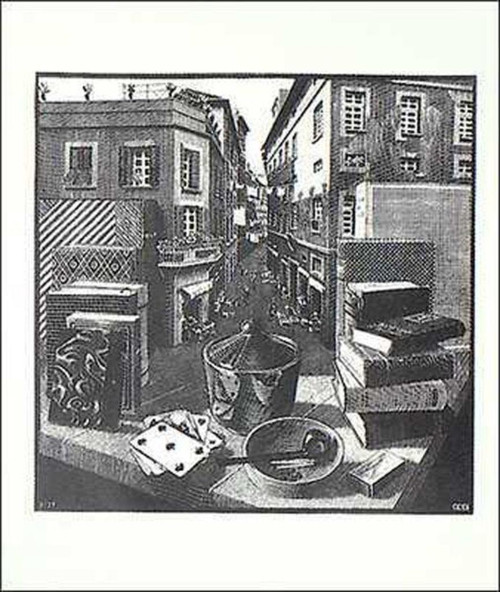 Laminated M.C. Escher Still Life And Street Modern Lithograph Drawing ...