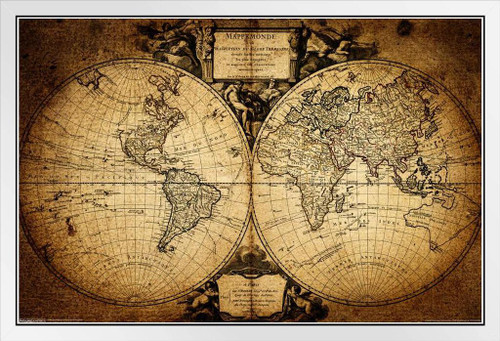 World Map Mappemonde White Wood Framed Poster 14x20 - Poster Foundry