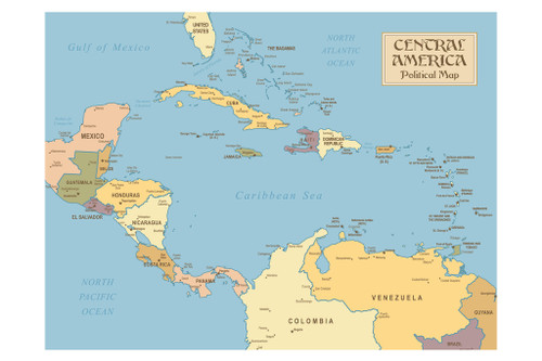 Central America Vintage Style Political Travel World Map with Cities in ...