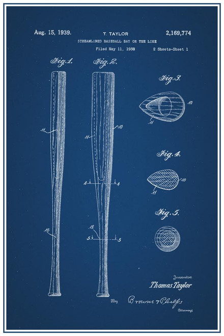 Laminated Baseball Bat 1939 Official Patent Blueprint Poster Dry Erase ...