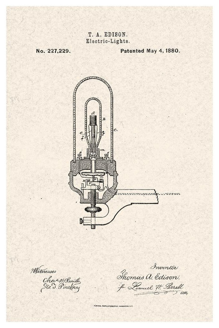 Laminated Thomas Edison Electric Light Bulb 1880 Official Patent Tan ...