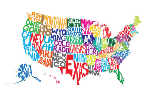 Laminated United States of America Word Map US Map with Cities in ...