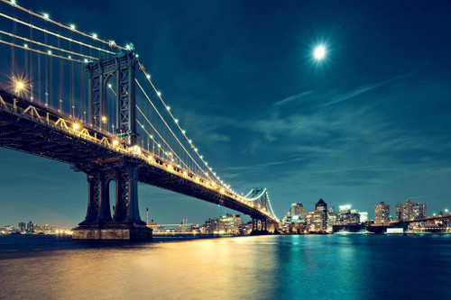 Laminated Manhattan Bridge Under Moonlight Photo Photograph Poster Dry ...