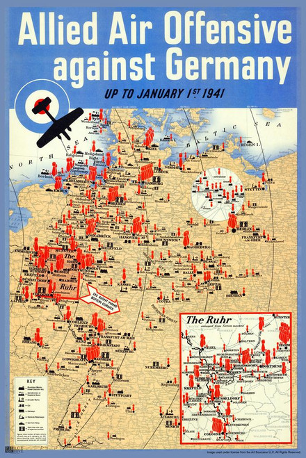 Laminated Allied Air Offensive Map Vintage Illustration Travel Art Deco ...