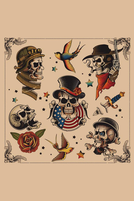 Laminated Skull Set Vintage Tattoo Poster Dry Erase Wall Art 16x24 ...