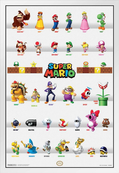 Super Mario Characters White Wood Framed Poster 14x20 - Poster Foundry