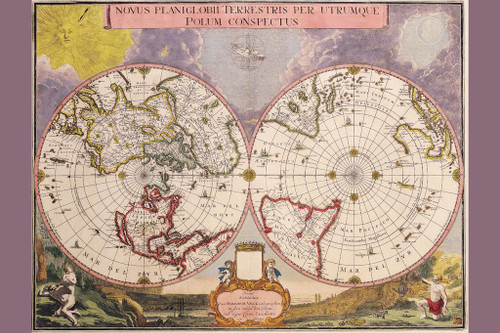 Laminated World Map Antique Vintage Azimuthal Equidistant Projection ...