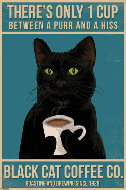 Laminated Coffee Cup Purr Hiss Black Cat Decor Weird Bathroom Home Vintage Blue Poster Dry Erase