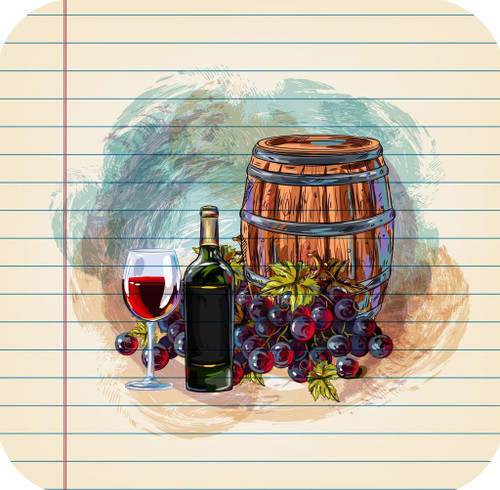 Wine Barrell Bottle And Glass Drawing On Ruled Paper Premium Drink ...