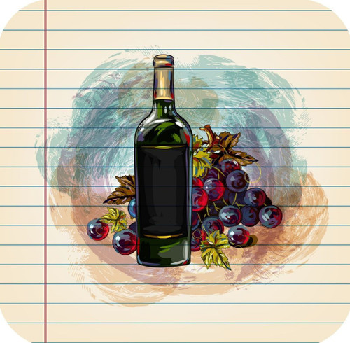 Grapes And Wine Bottle Drawing On Ruled Paper Premium Drink Coaster ...