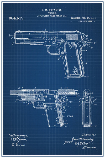 Handgun 1910 Official Patent Office Blueprint Diagram Firearm ...