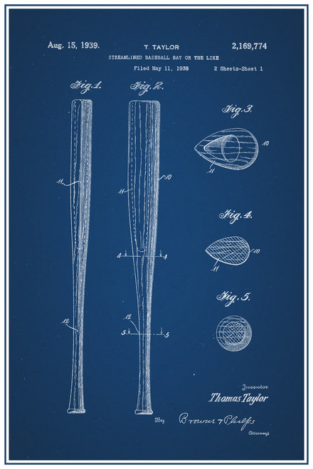 Baseball Bat 1939 Official Patent Blueprint Cool Wall Decor Art Print ...