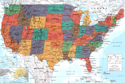 Map United States Political Reference Chart Cool Wall Art Print Poster ...