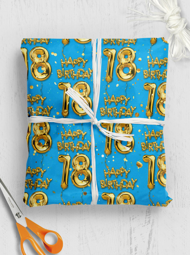 Age Gift Wrap - 18th Birthday Wrapping Paper Gold Balloon Blue By ...