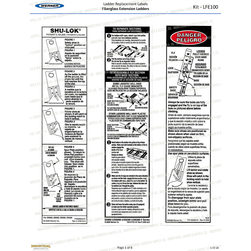 Werner LFE100 Safety Labels Fiberglass Extension Ladders - Industrial ...