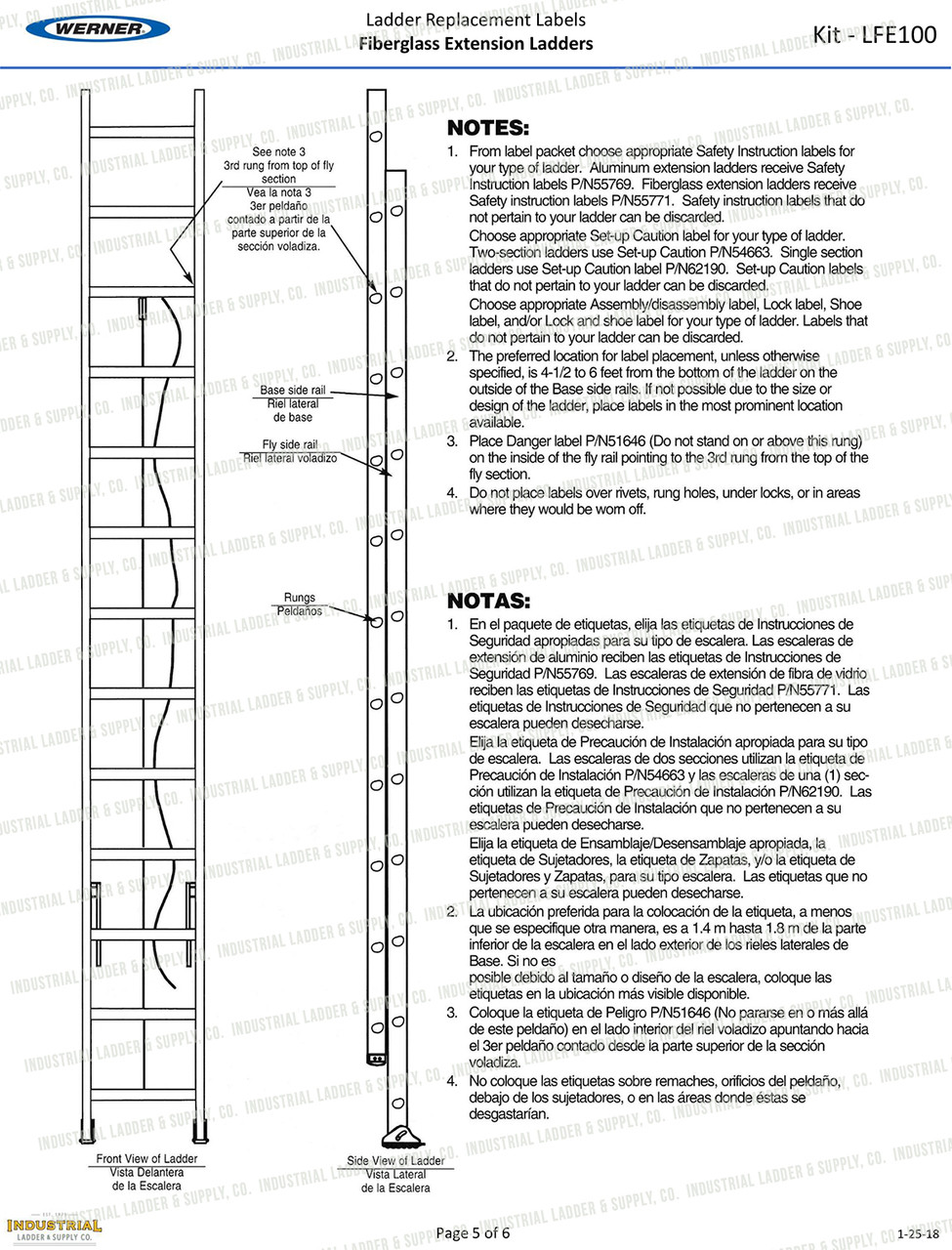 Werner Parts LFE100 Safety Labels Fiberglass Extension Ladders | FRP ...