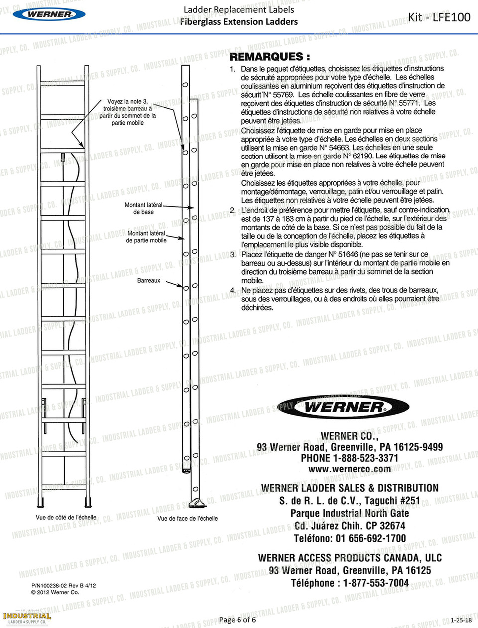Werner Parts LFE100 Safety Labels Fiberglass Extension Ladders | FRP ...