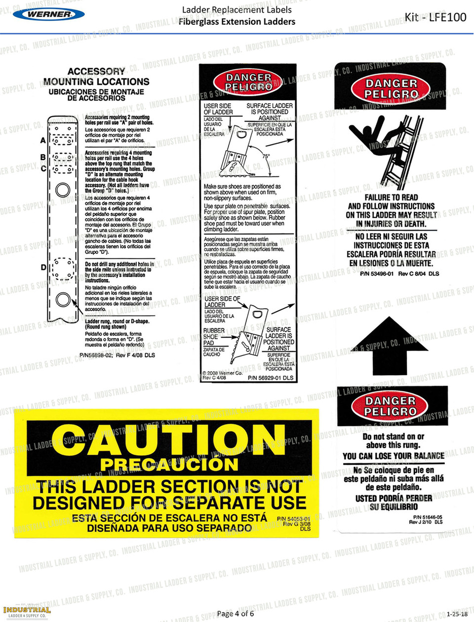 Werner Parts LFE100 Safety Labels Fiberglass Extension Ladders | FRP ...