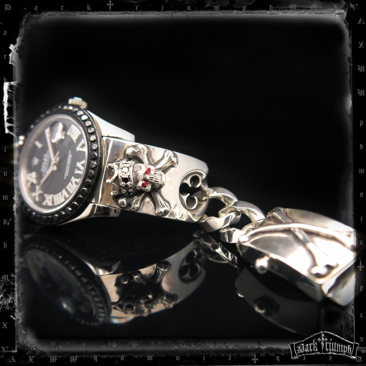 Custom Watch Bracelet for Rolex | Diamond Sterling Silver Skull Bracelet