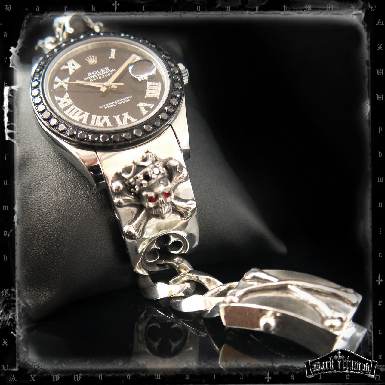 Custom Watch Bracelet for Rolex | Diamond Sterling Silver Skull Bracelet