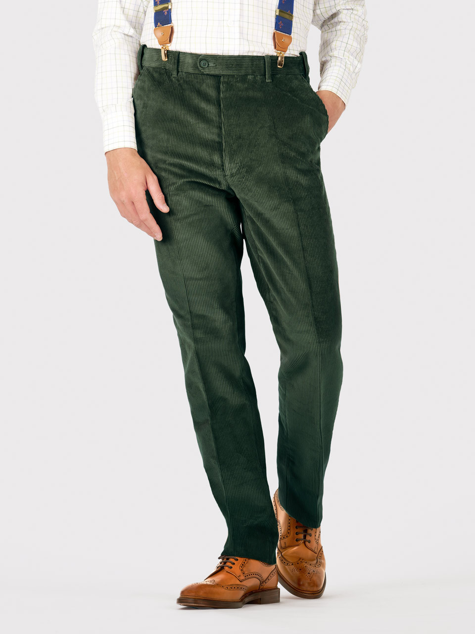 Pine Green Flat Front Corduroy Trousers | Peter Christian