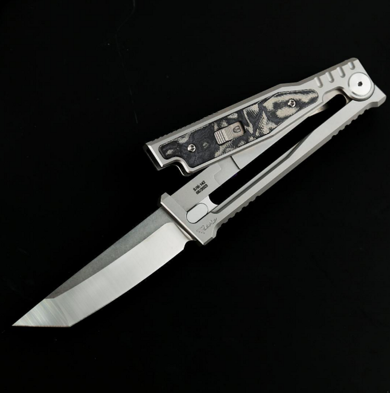 Reate Knives Exo M Titanium Bead Blast Burl Linen Micarta Elmax
