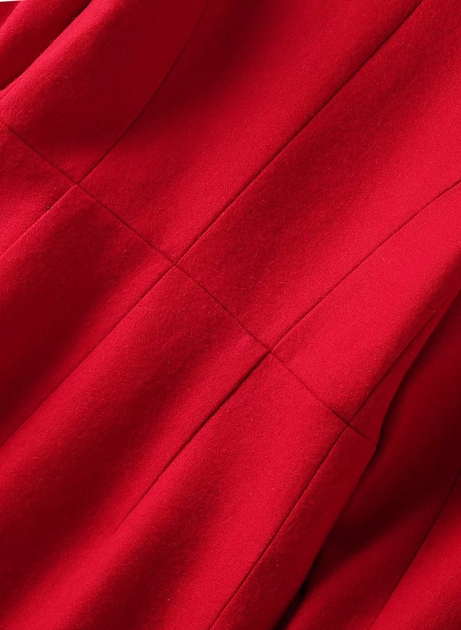Red Longline Military Wool Coat with Double-Breasted Front