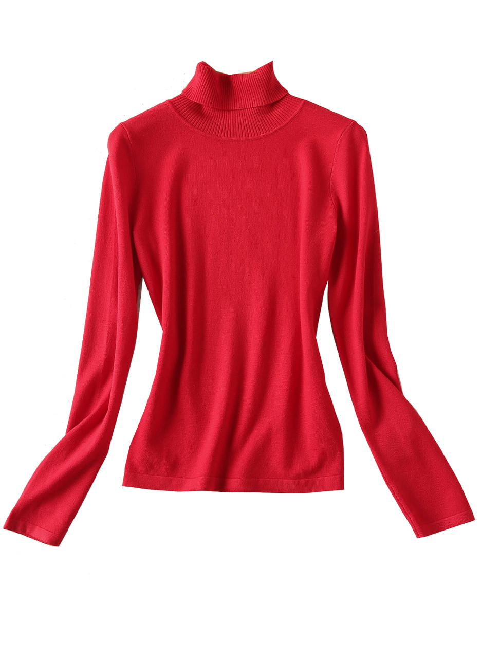 Red Turtle Neck Knit Top and High-Waist Pleated Midi Skirt Set